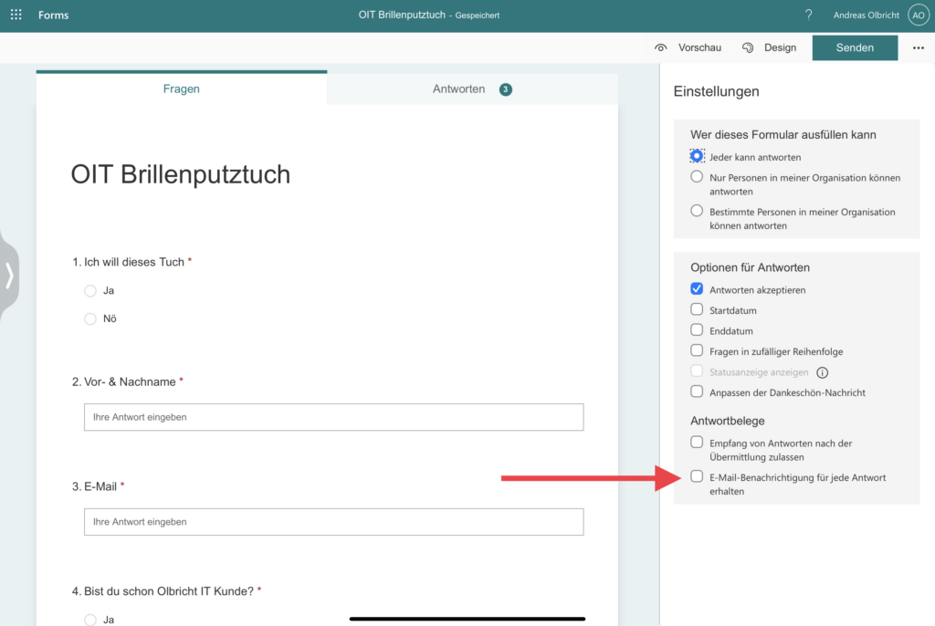 Microsoft Forms - Activate e-mail notification - noprob.oit.digital